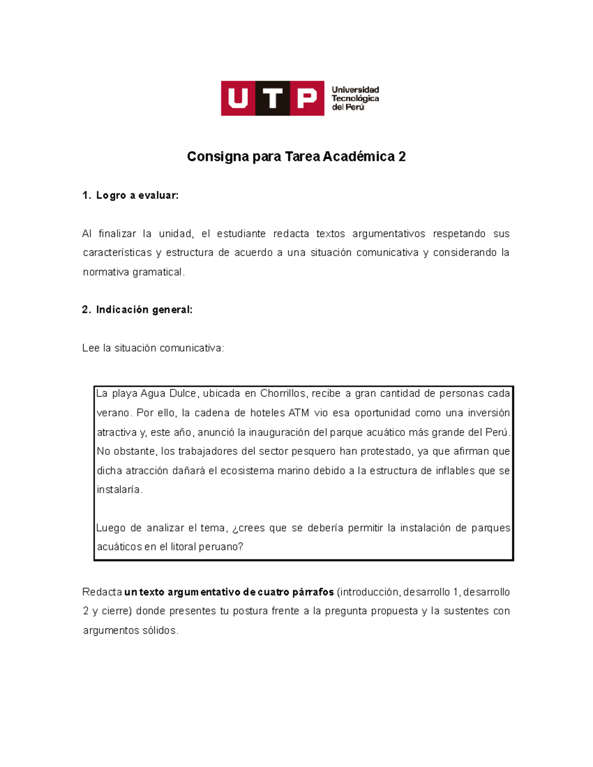 (AC-S12-TA2) Tarea Académica 2 - Consigna para Tarea Académica 2 1. Logro a evaluar: Al ...