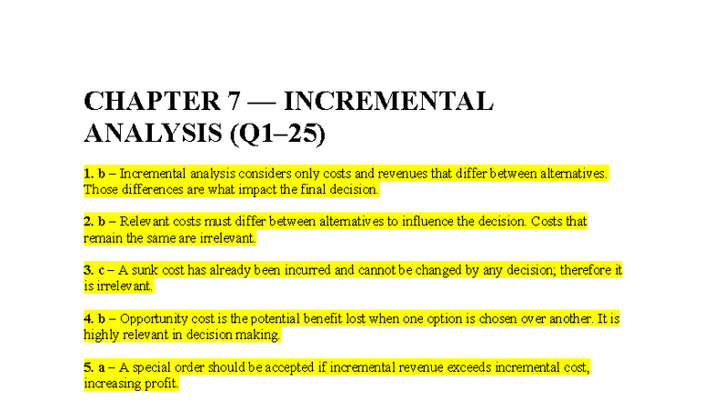 CH 7 - Incremental Analysis Summary and Key Concepts - Studocu