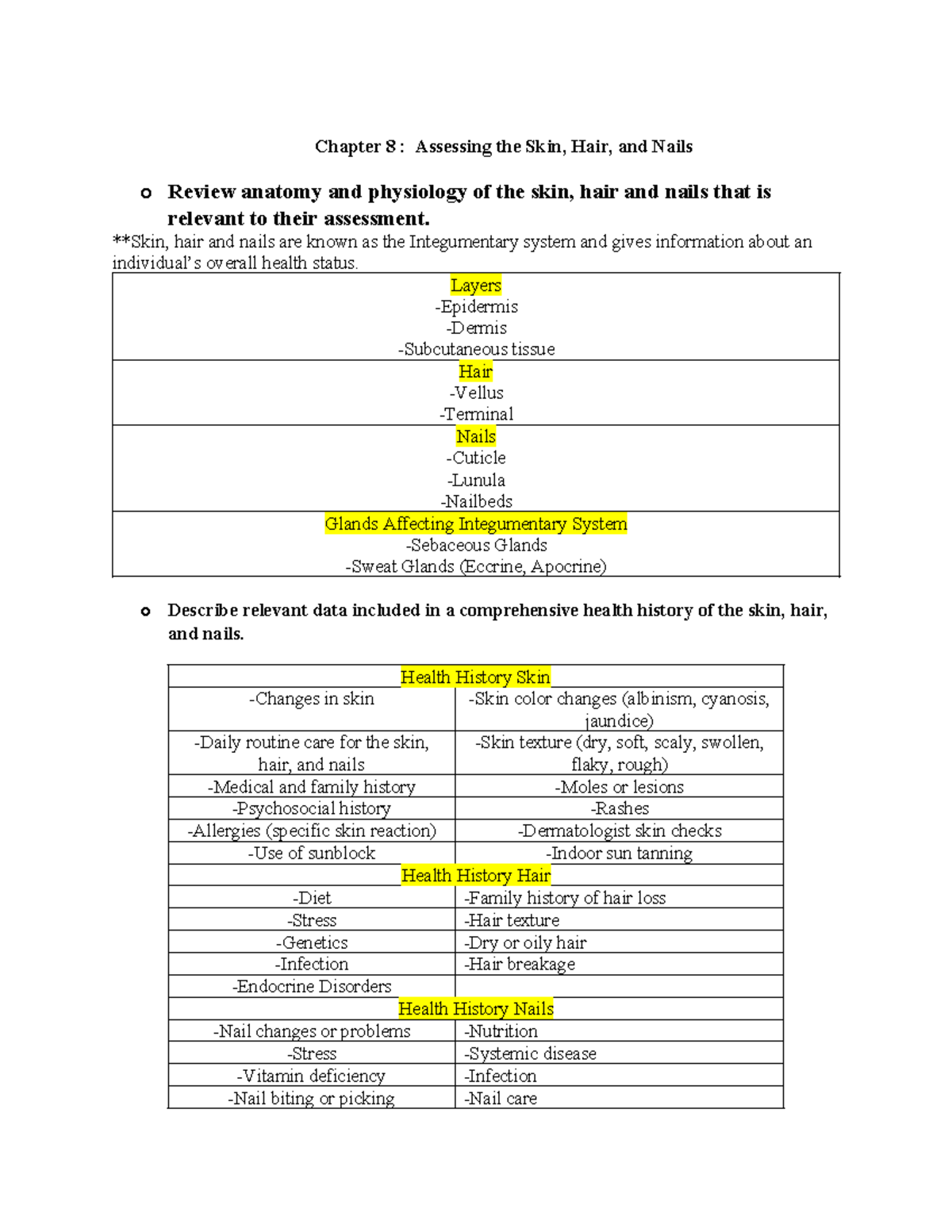 Chapter 8: Integumentary Assessment of Skin, Hair & Nails - Studocu