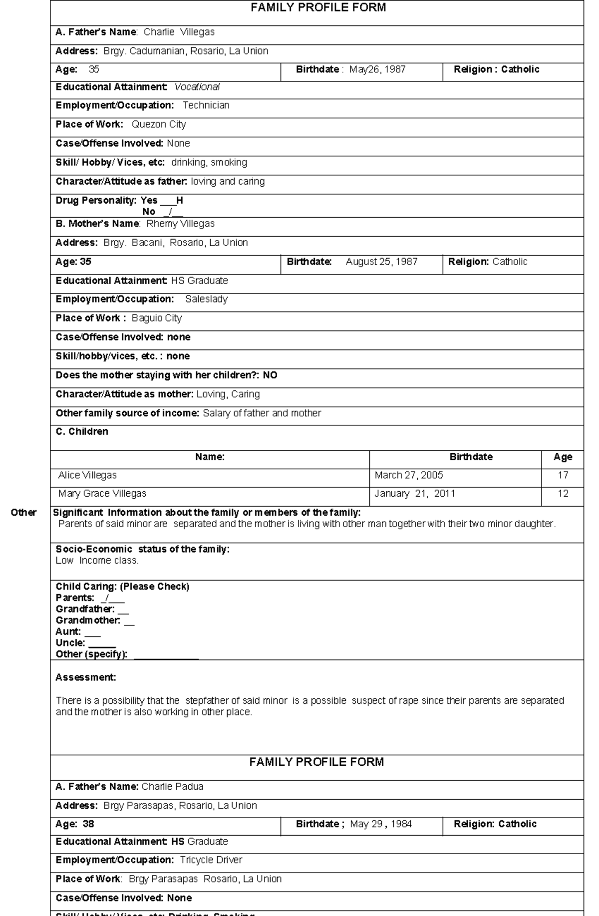 Family Profile Form: Assessment of Villegas Family Dynamics - Studocu
