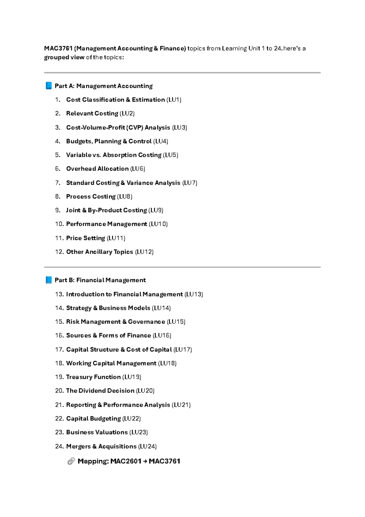 MAC3761 Management Accounting & Finance: Unit 1 Overview - Studocu