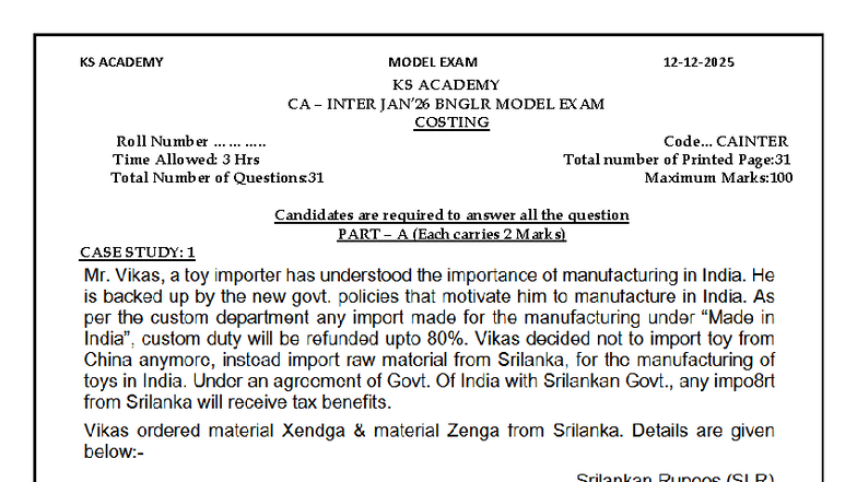 CA Inter Jan'26 Bnglr Model Exam - Costing Study Guide - Studocu