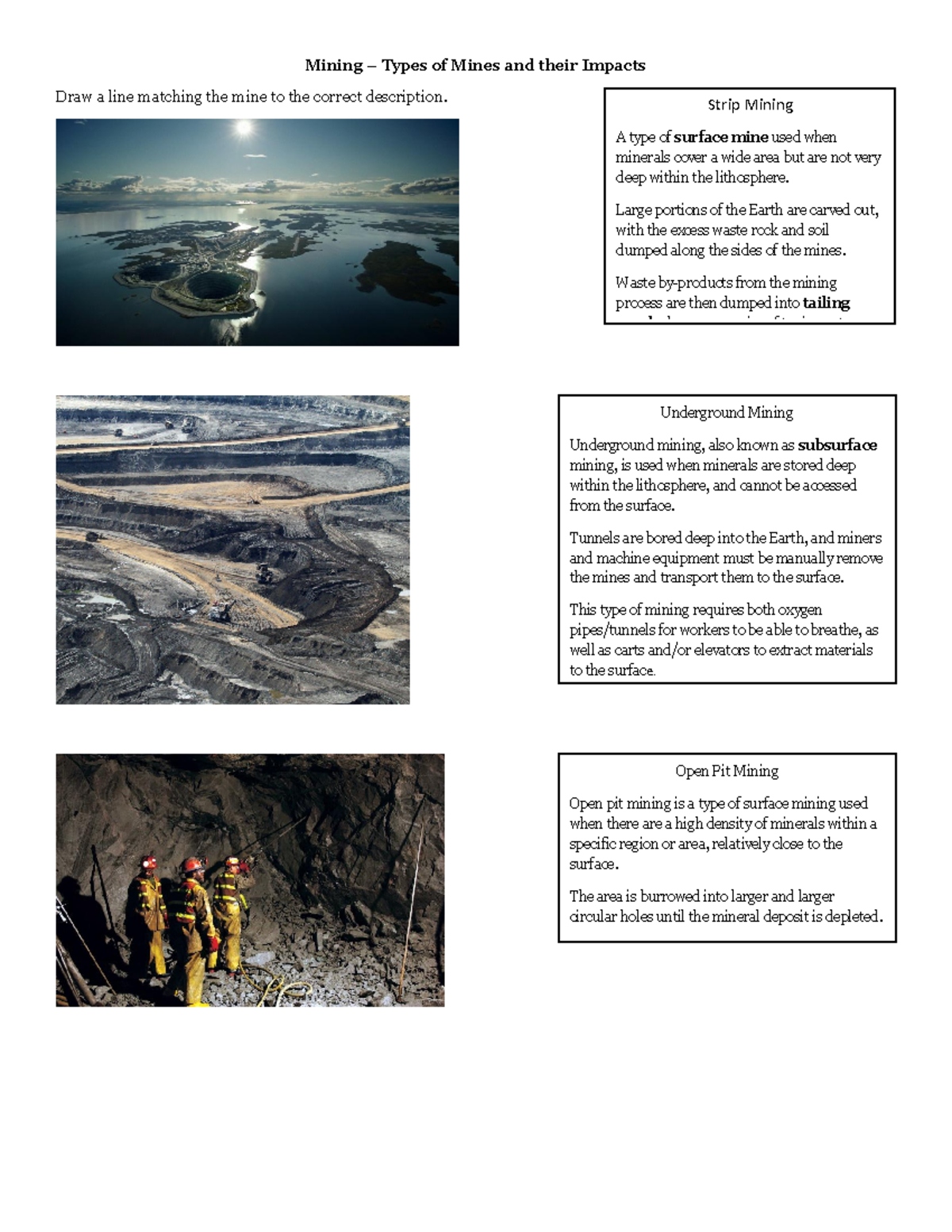 Mining Types and Impacts Worksheet copy - Mining – Types of Mines and ...