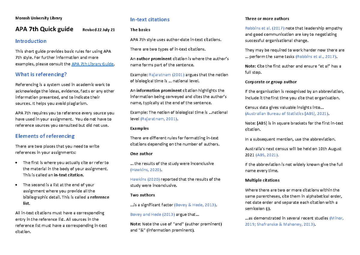 APA 7 Quick Guide-updated 22Jul21 - Monash University Library APA 7th ...