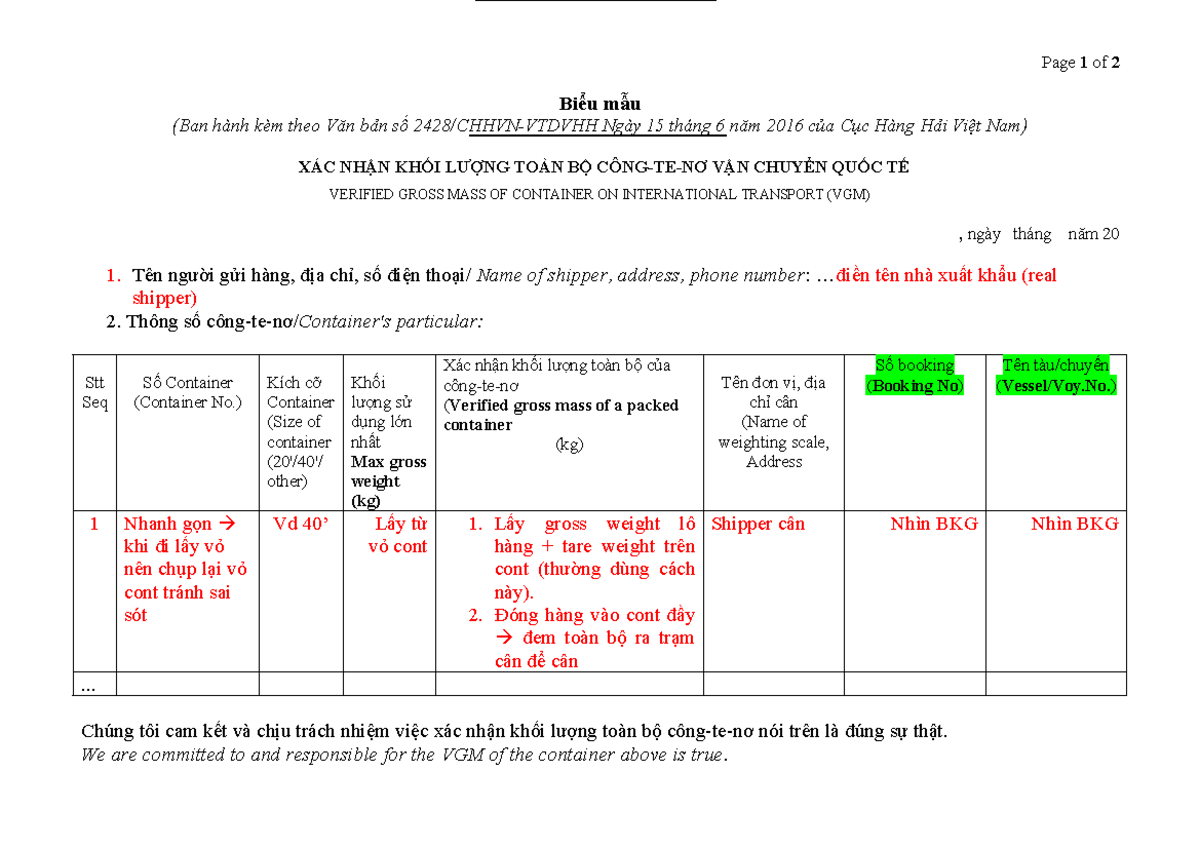 Mẫu xác nhận khối lượng công-te-nơ VGM - ACCVB - Studocu