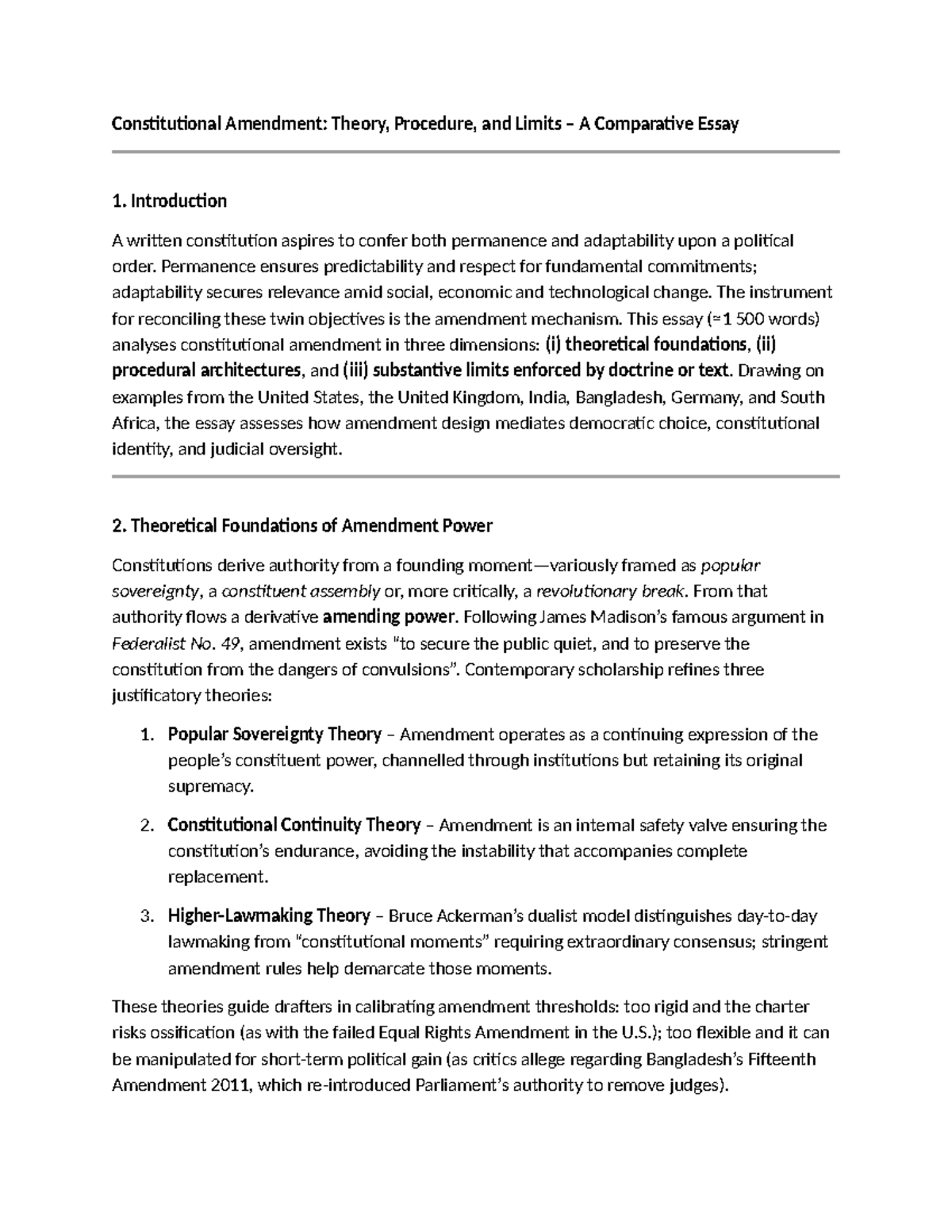Constitutional Amendment: Theory, Procedure, and Limits - A Comparative ...