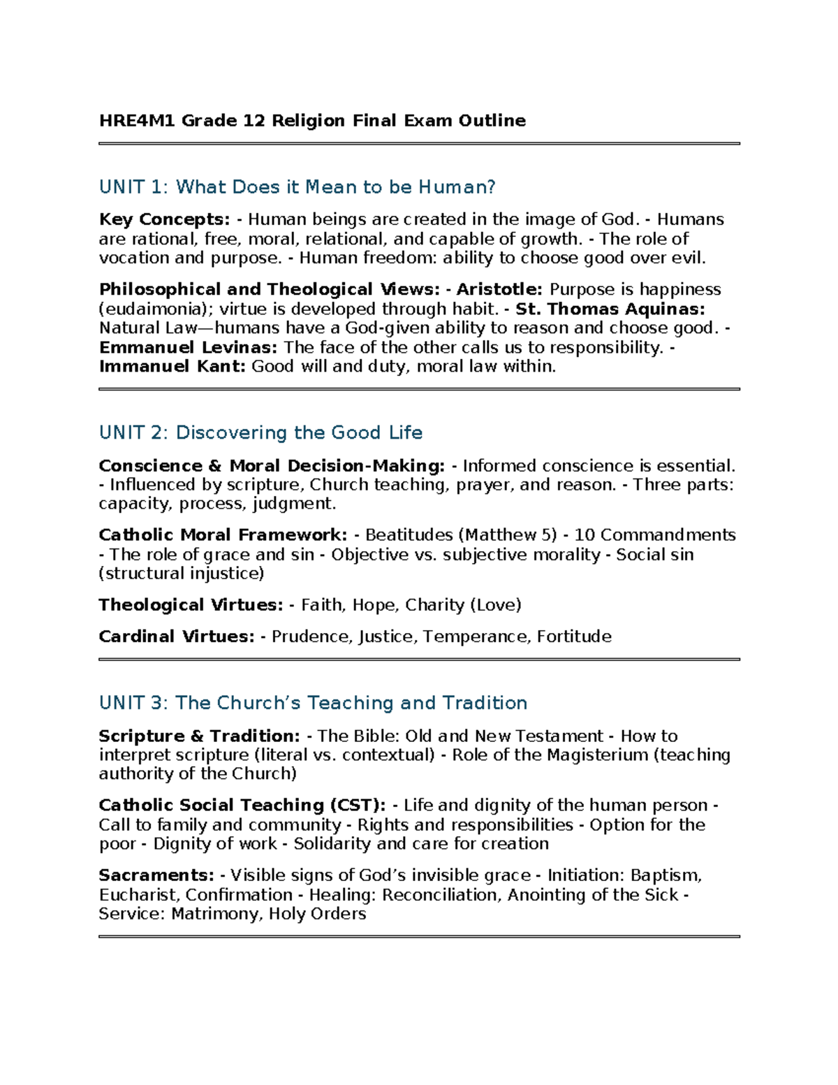 HRE4M1 Grade 12 Religion Final Exam Outline: Key Concepts & Units - Studocu