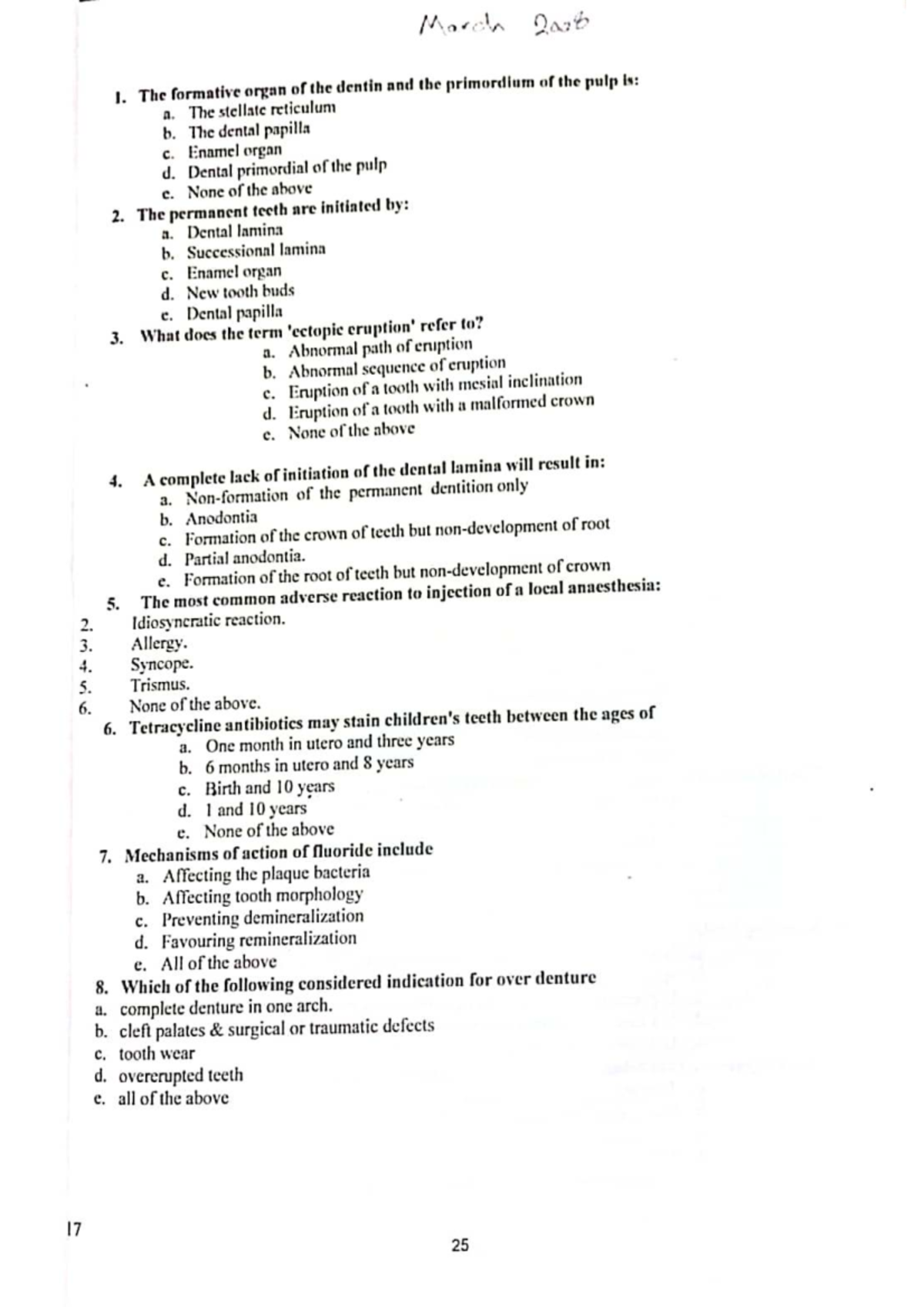 Entrance Exam for Dental Officers - March 2008 Questions & Answers ...