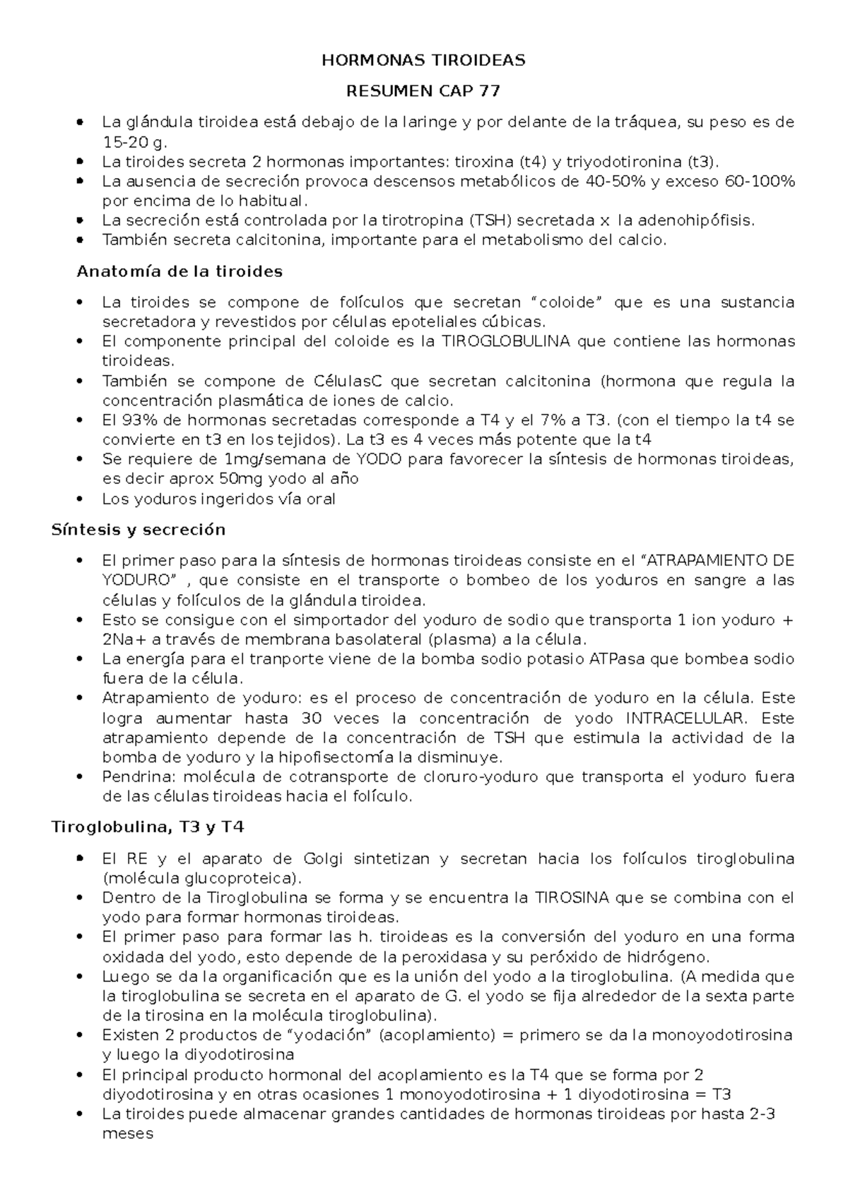 Resumen Fisio Cap 77-1: Hormonas Tiroideas según Guyton - Studocu