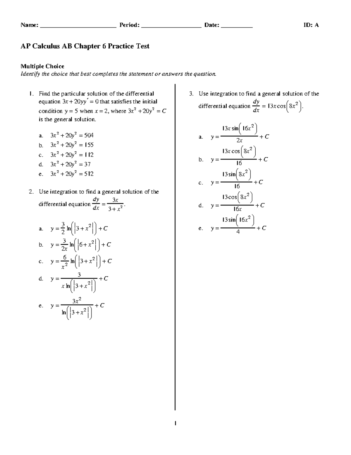 AP Calculus AB Chapter 6 Practice Test and Solutions - Studocu