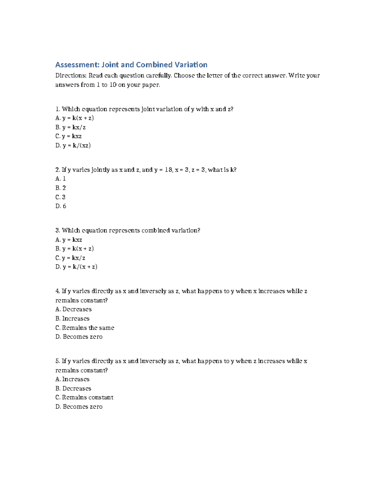 Assessment: Joint & Combined Variation Quiz - Studocu