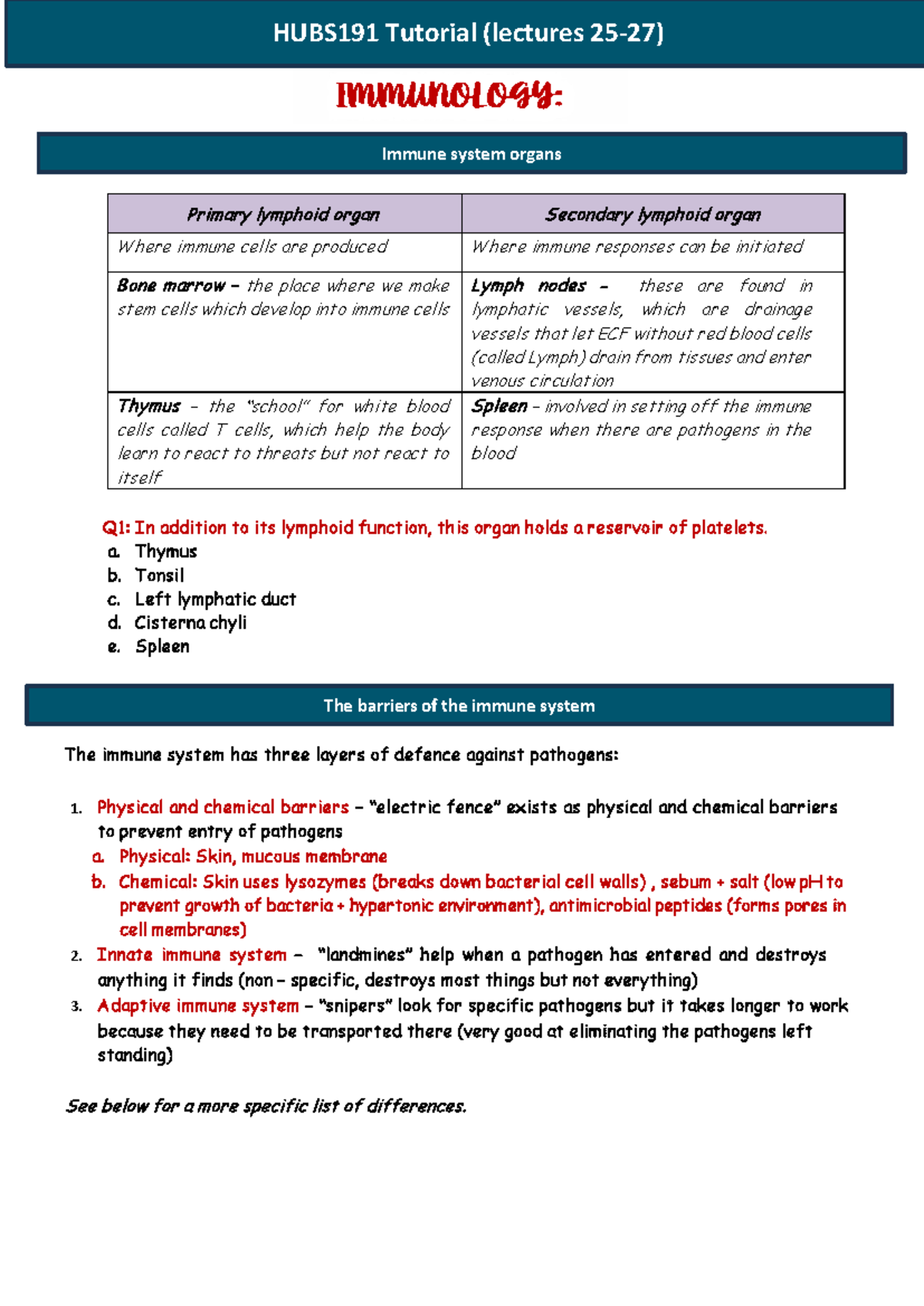 HUBS191 Tutorial Revision: Immune System & Endocrine Overview - Studocu