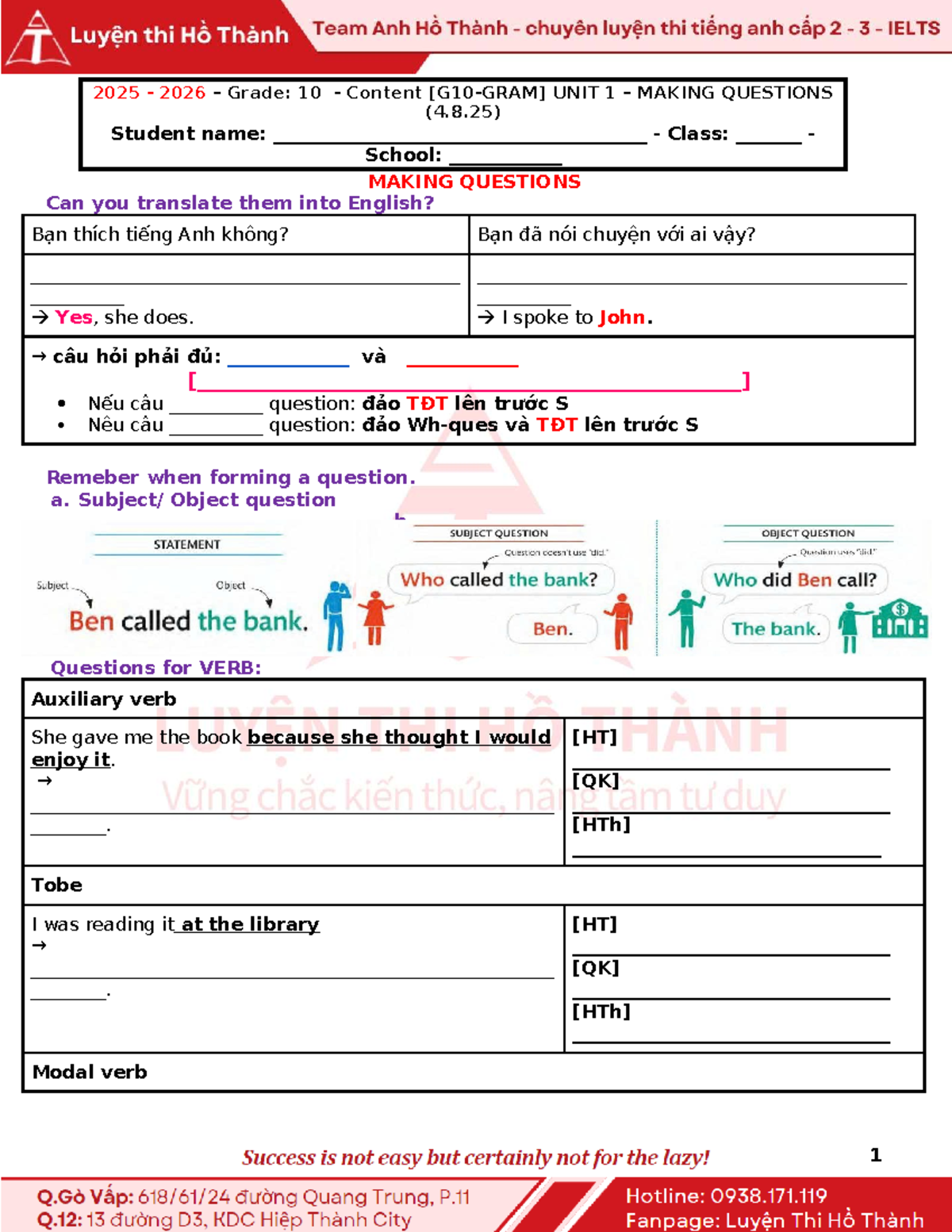 G10 UNIT 1: Making Questions - Grammar Notes (4.8.25) - Studocu