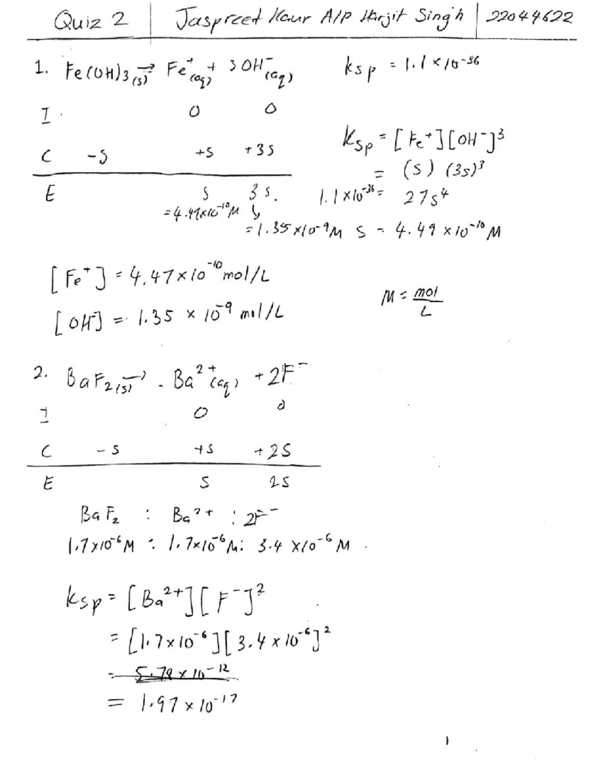 Quiz 2 - Ksp Calculations and Precipitation Reactions - Studocu