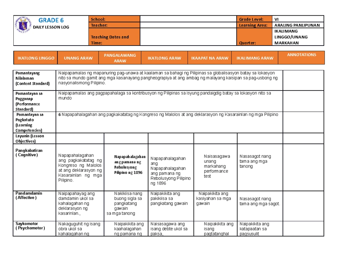 A.P 6 WEEK 1 Quarter 1 - LESSON LOG - GRADE 6 DETAILED LESSON PLAN ...
