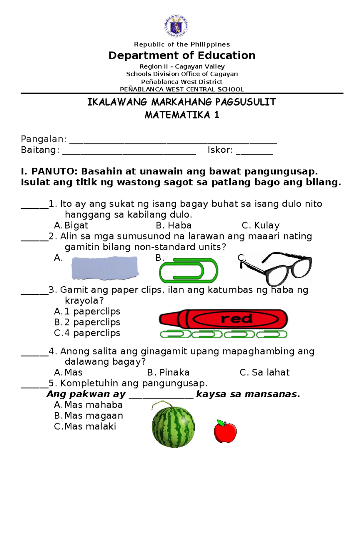 Ikalawang Markahang Pagsusulit sa Matematika 1 (GR 1-Q2-MATH) - Studocu