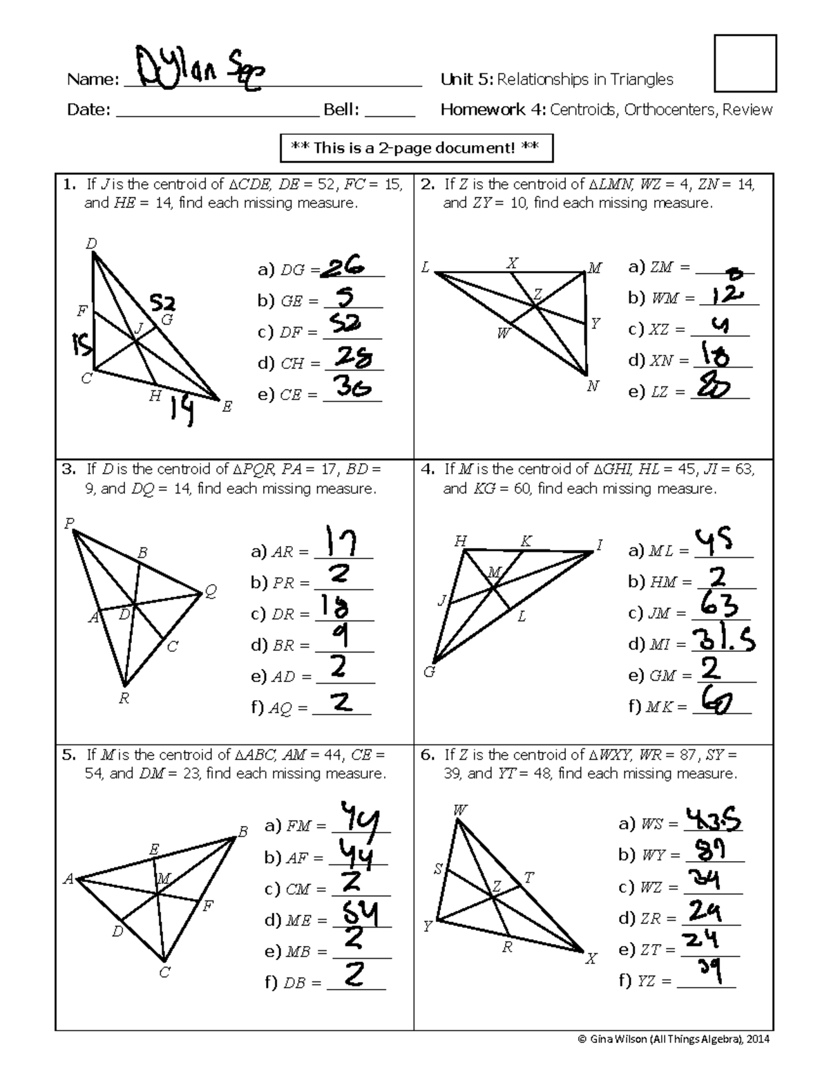 Unit 5: Relationships in Triangles - Homework 4 on Centroids ...