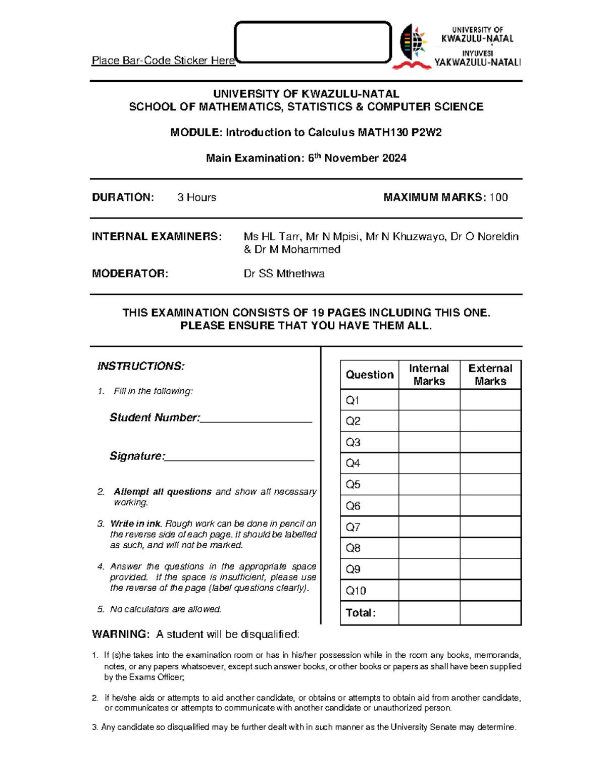 Math130 P2W2 2024 Nov Main Exam Instructions and Questions - Studocu