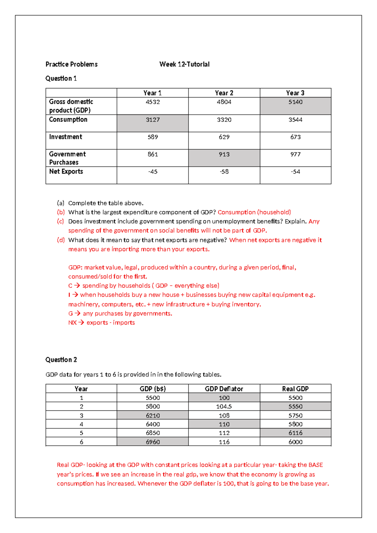 Week 12 Econ 4532: GDP & CPI Tutorial Answers and Practice Problems ...