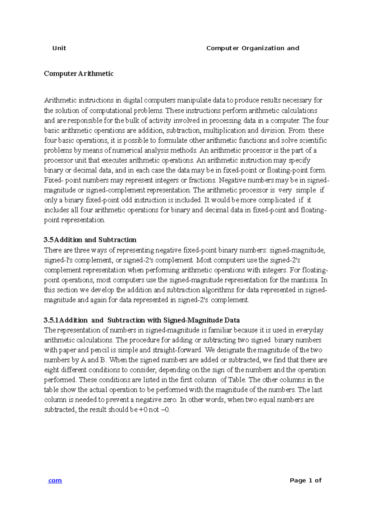 COA UNIT 4 Notes - COA - Computer Arithmetic Arithmetic instructions in ...