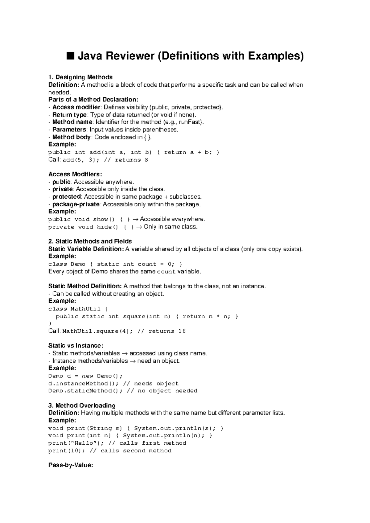 Java Reviewer (Definitions & Examples) for CS101 - Studocu