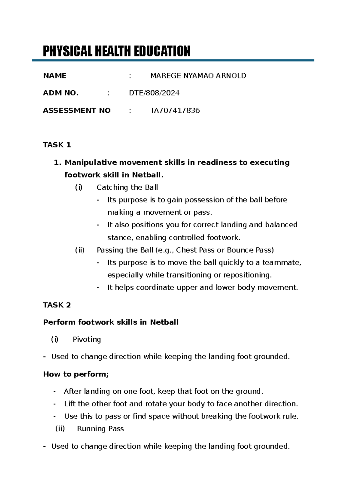 PHYSICAL HEALTH EDUCATION: Netball Skills Assessment TA707417836 - Studocu