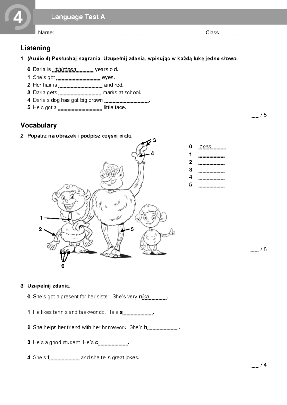 Klasa 4 Unit 4 test - Name ...