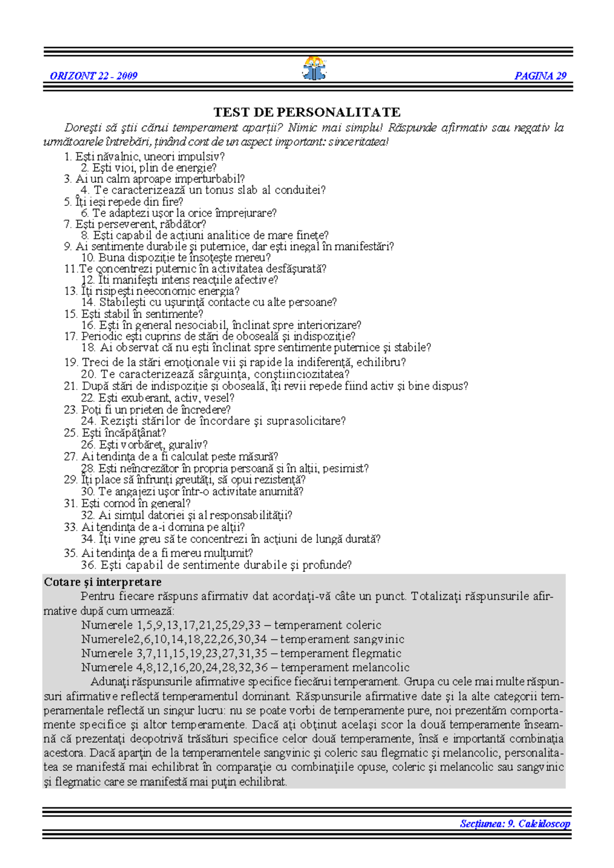 Test de Temperament - Personalitate la Adulți ORIZONT 22 - Studocu