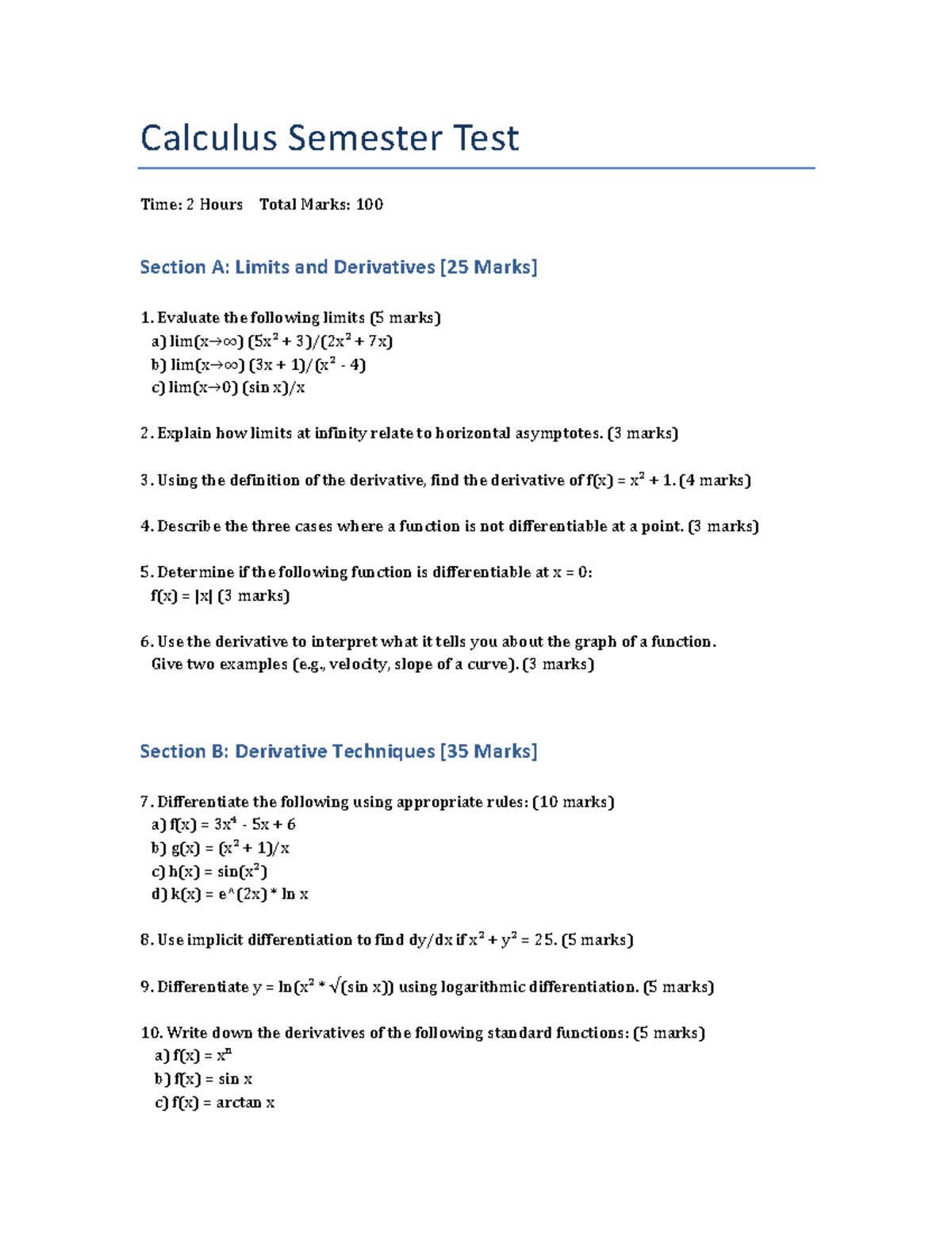 Calculus Semester Test: Limits, Derivatives & Techniques Review - Studocu