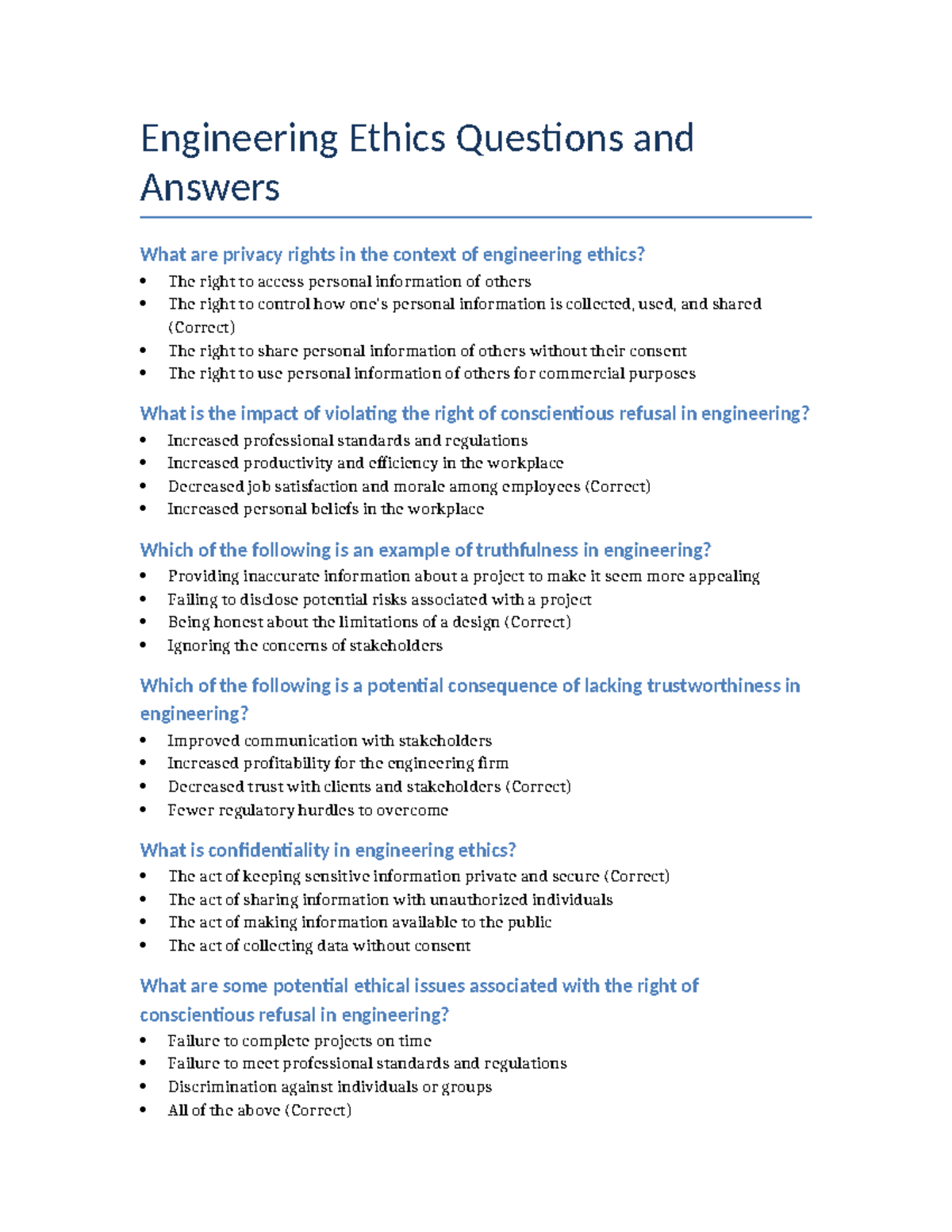 ENGR 101: Ethics in Engineering - Q&A on Key Topics and Issues - Studocu