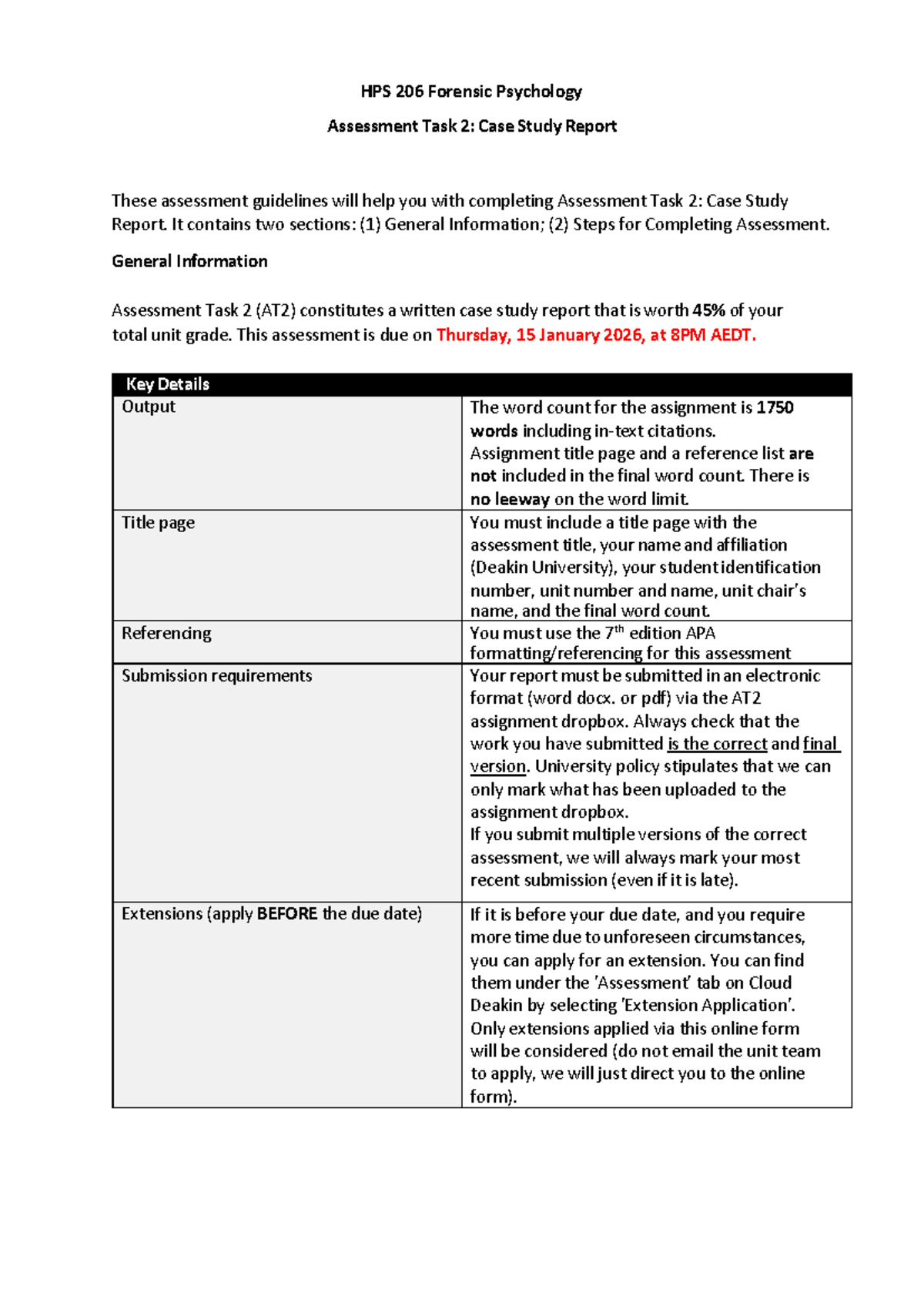 HPS 206 Forensic Psychology AT2: Case Study Report Guidelines - Studocu