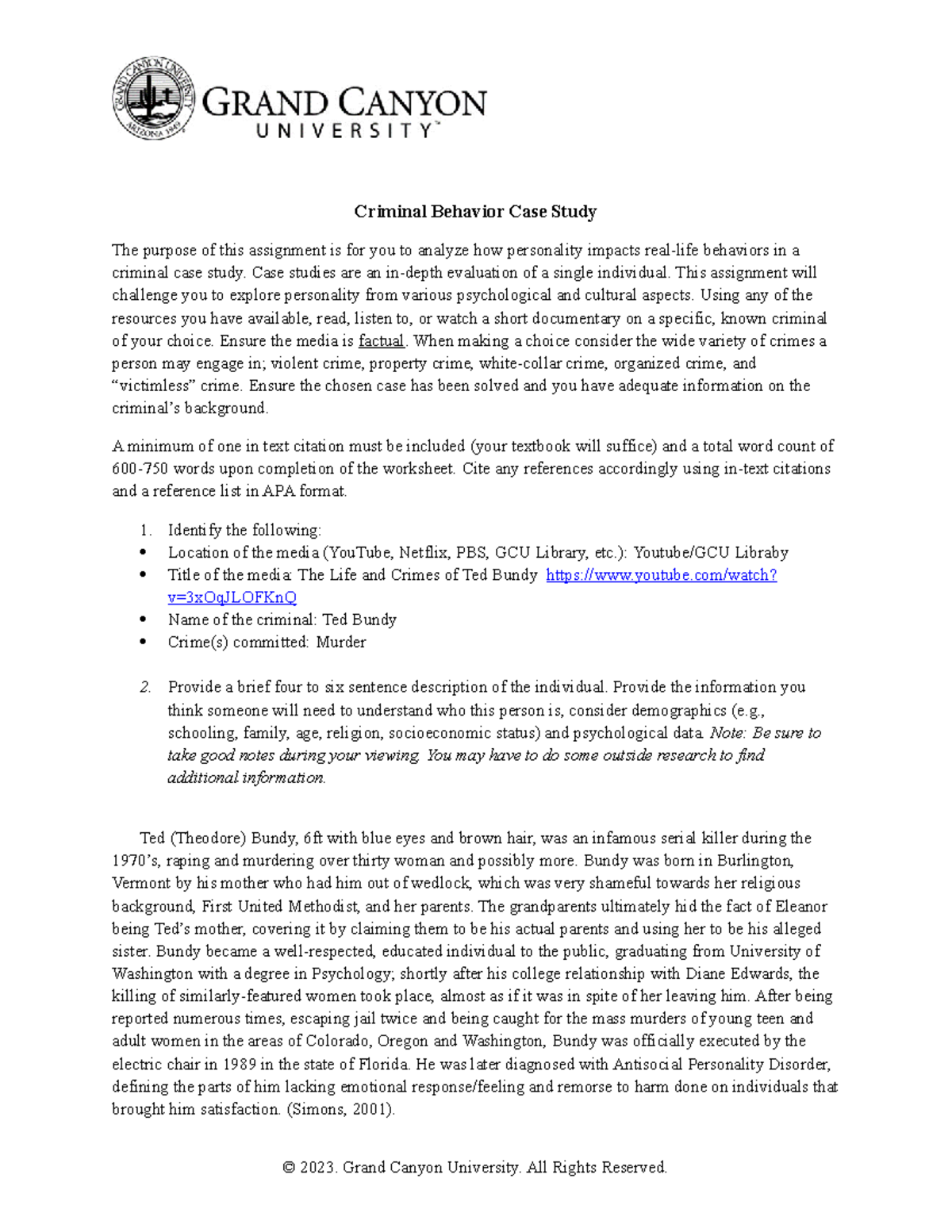 Criminal Behavior Case Study: Ted Bundy's Personality Analysis - Studocu