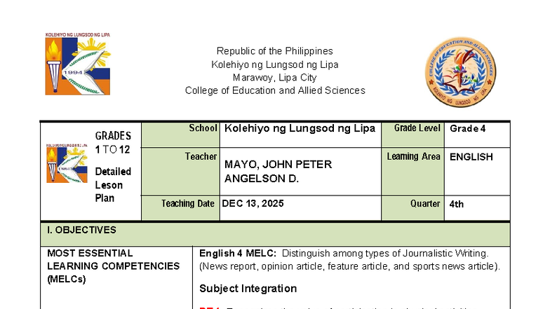 Super Eng LP - Grade 4 Detailed Lesson Plan on Journalistic Writing ...