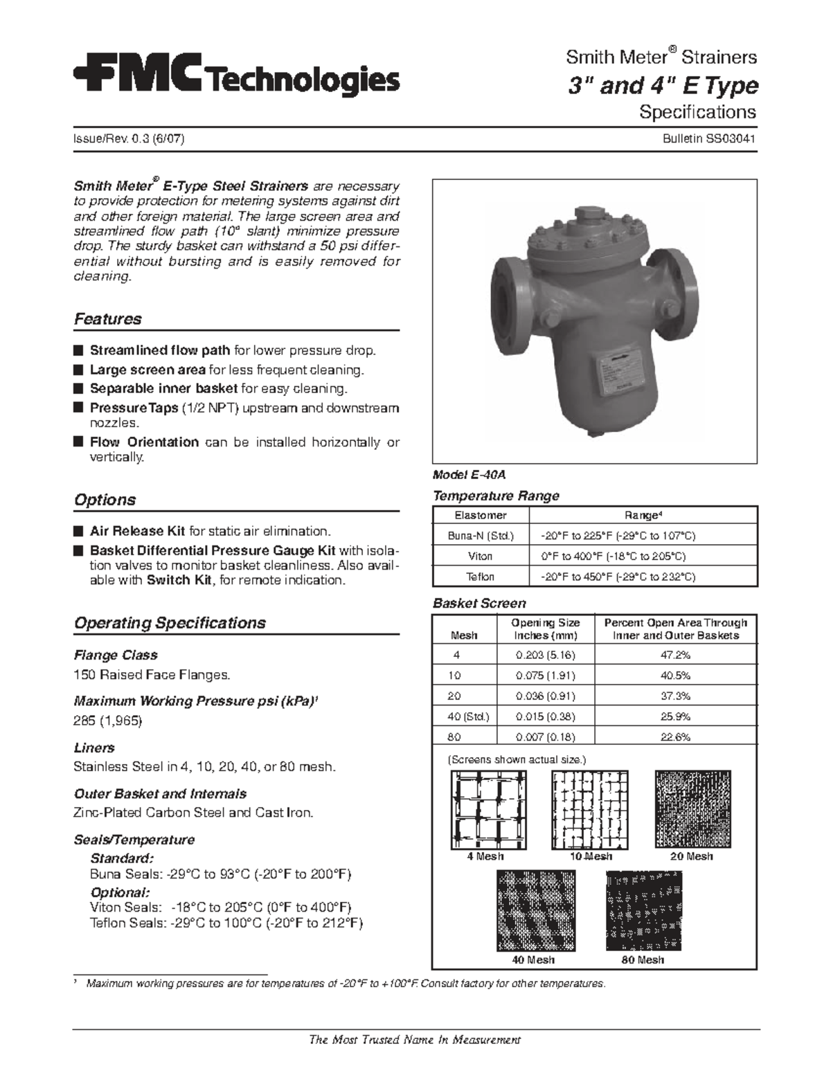 Smith Meter Strainers E-Type Specifications Bulletin SS03041 - Studocu