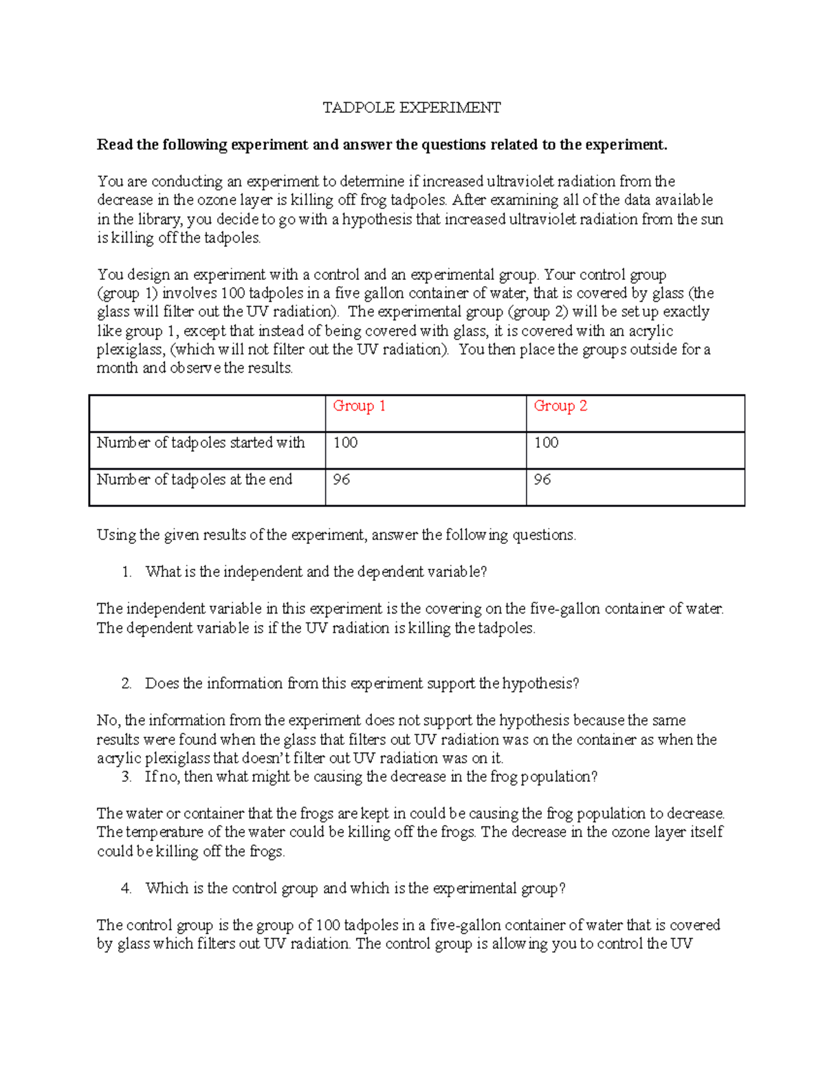 Tadpole Experiment Analysis: UV Radiation Effects on Survival - Studocu