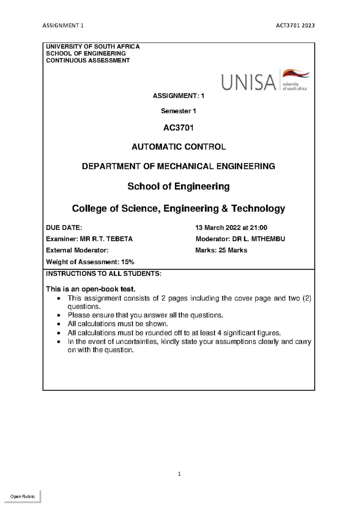 ACT3701 Assignment 1: Automatic Control Assessment Guidelines - Studocu