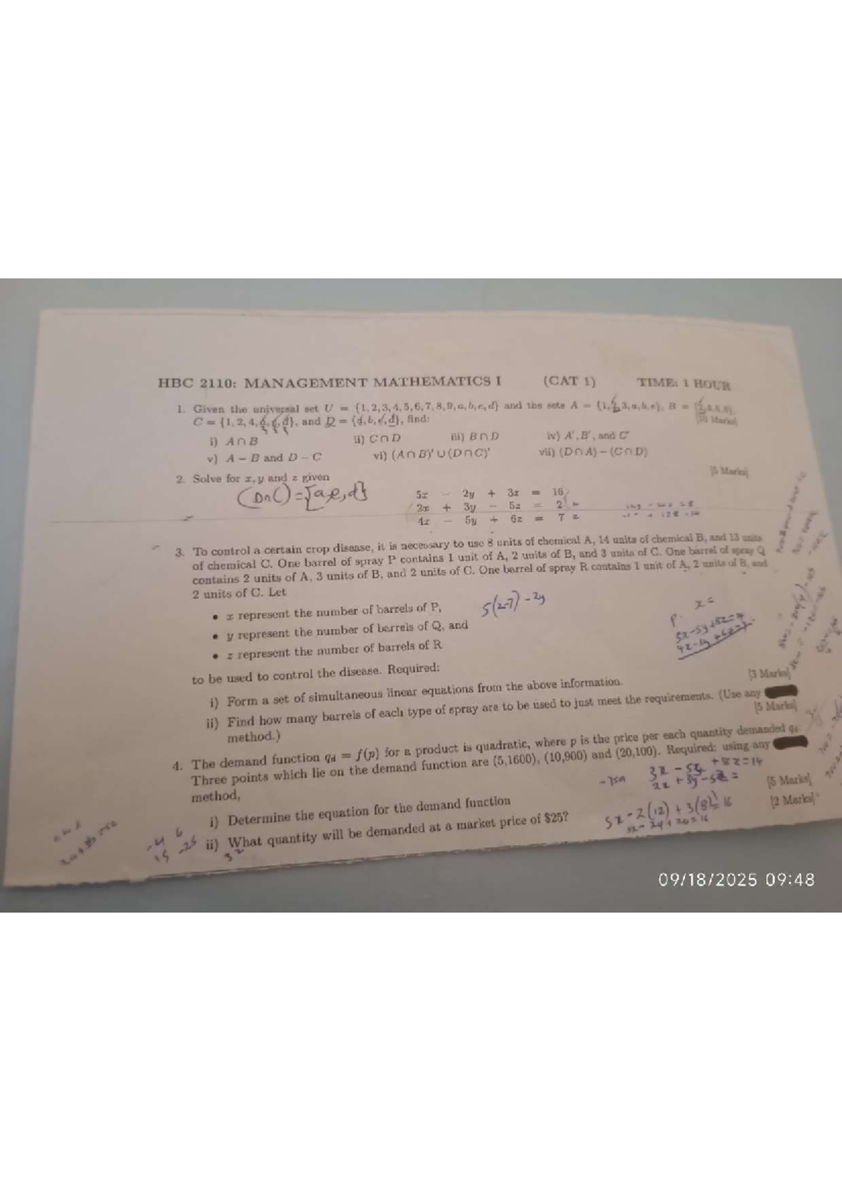 HBC 2110: Management Mathematics I - CAT 1 Exam Solutions - Studocu