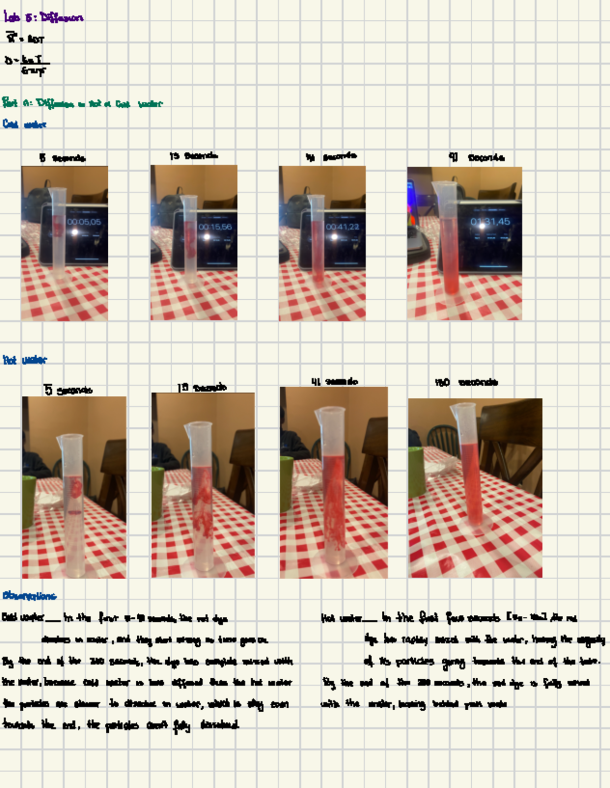 Lab 5: Observations on Diffusion in Hot and Cold Water - Studocu