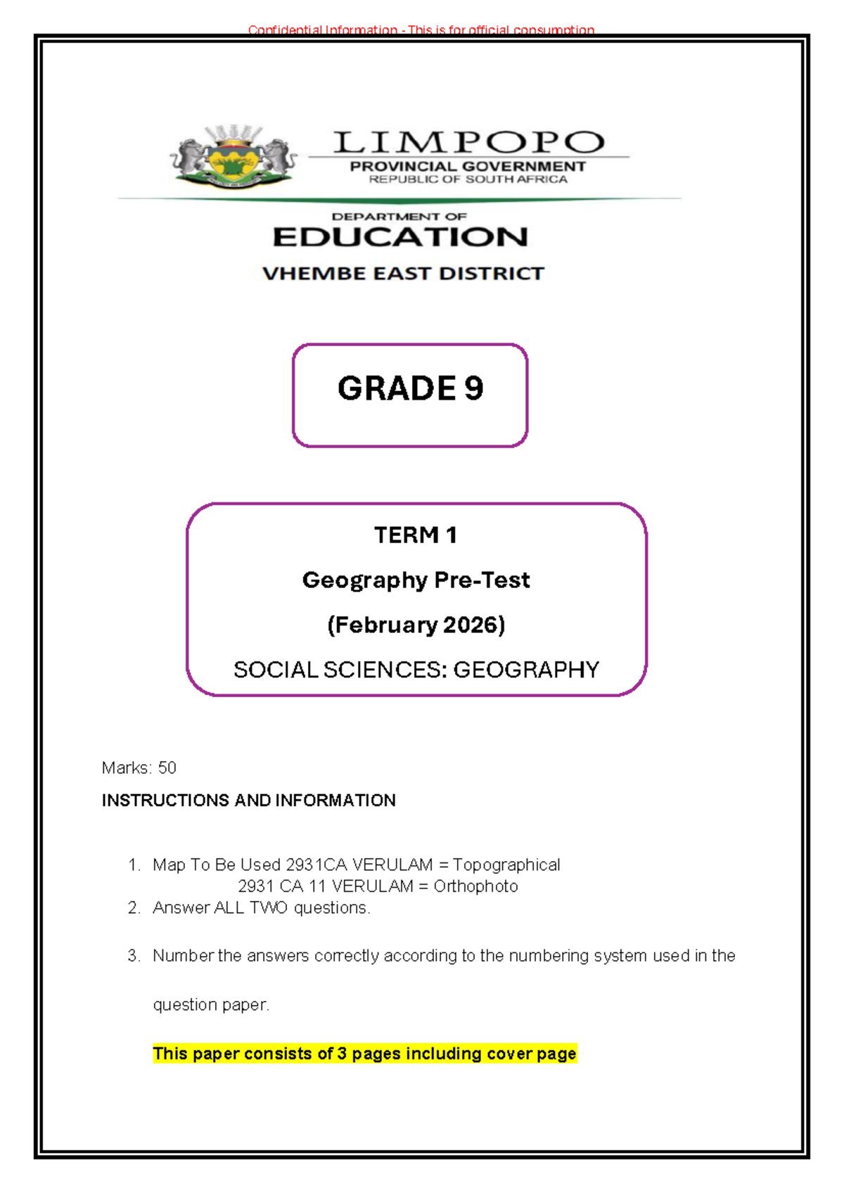 Grade 9 Term 1 Geography Pre-Test Paper 1 (Feb 2026) - Studocu