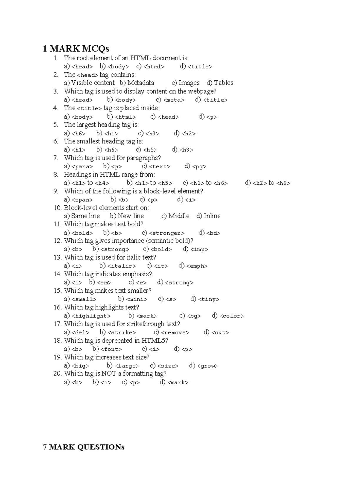 HTML MCQs & Questions for Course EB: Comprehensive Study Guide - Studocu