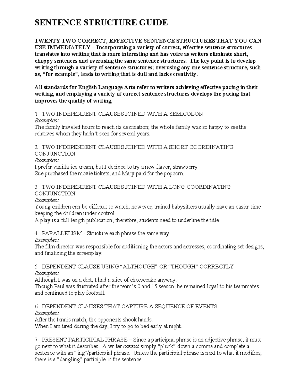 Sentence Structure Guide - SENTENCE STRUCTURE GUIDE TWENTY TWO CORRECT ...