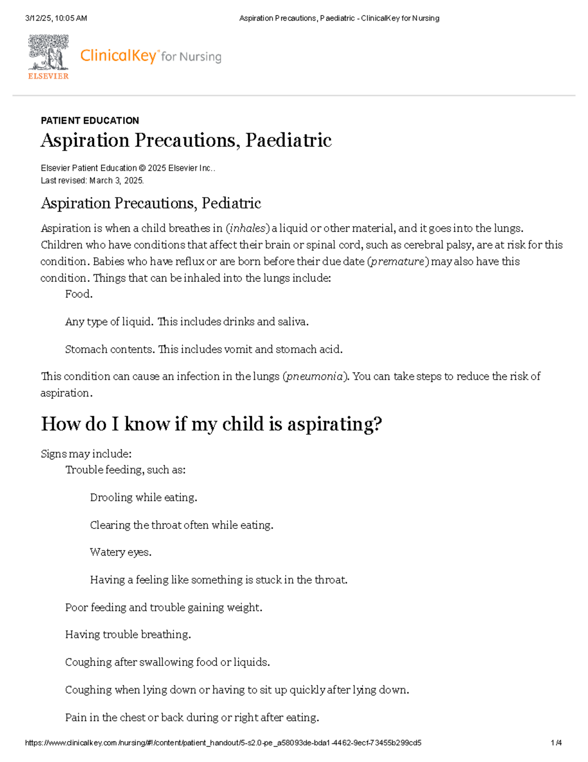 Aspiration Precautions, Paediatric - Clinical Key for Nursing - Aspiration Precautions ...