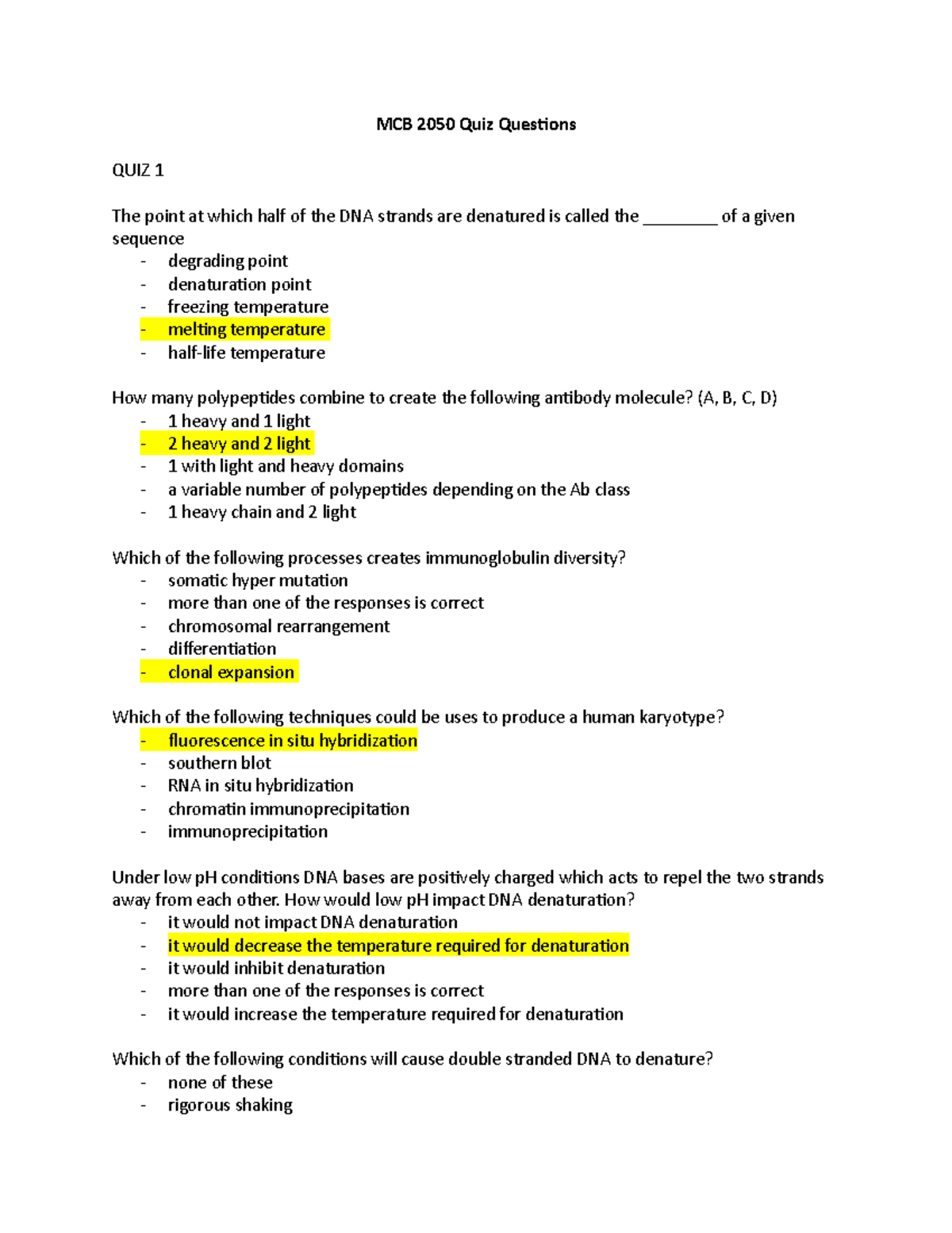 MCB 2050 Quiz Questions - MCB 2050 Quiz Questions QUIZ 1 The point at ...