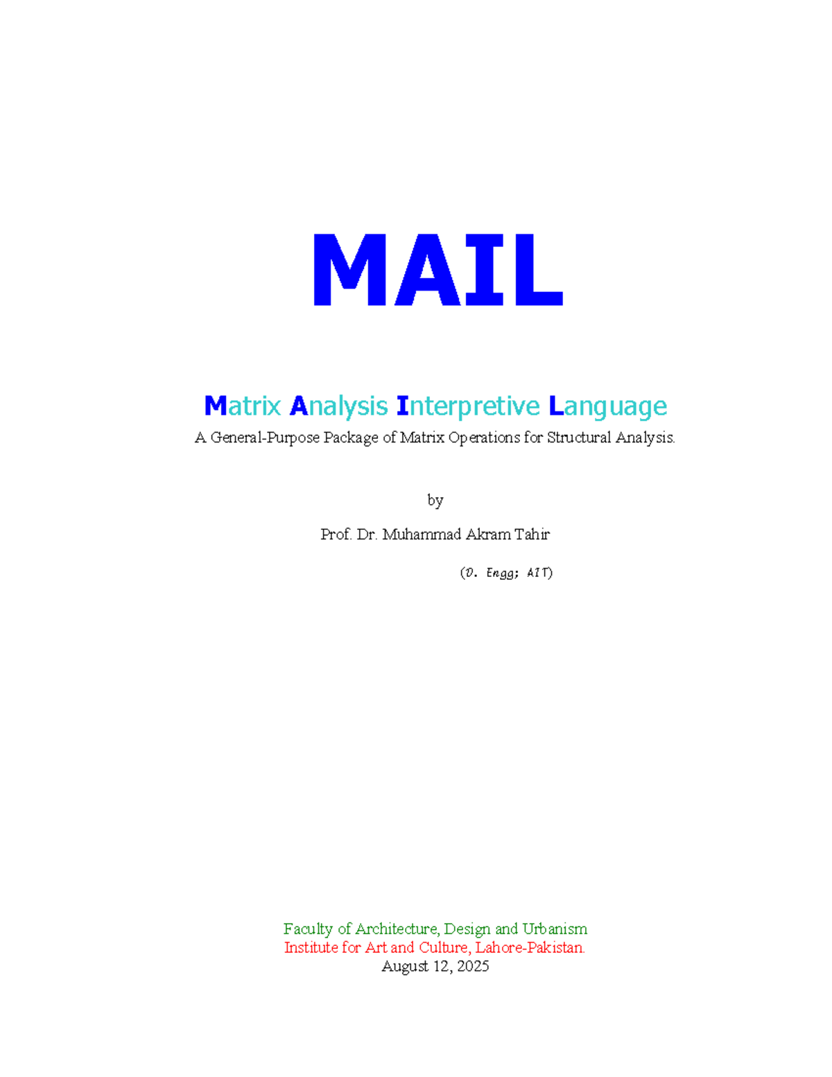 MAIL User's Guide: Matrix Operations for Structural Analysis - Studocu