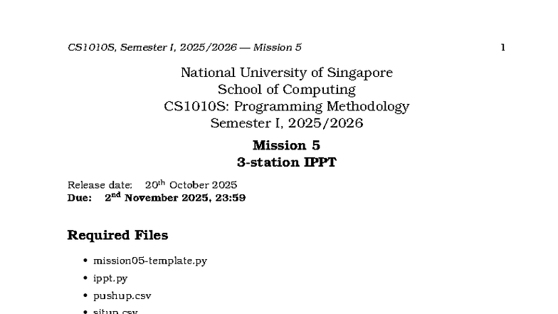 CS1010S Semester I Mission 5: IPPT Scoring and Analysis - Studocu