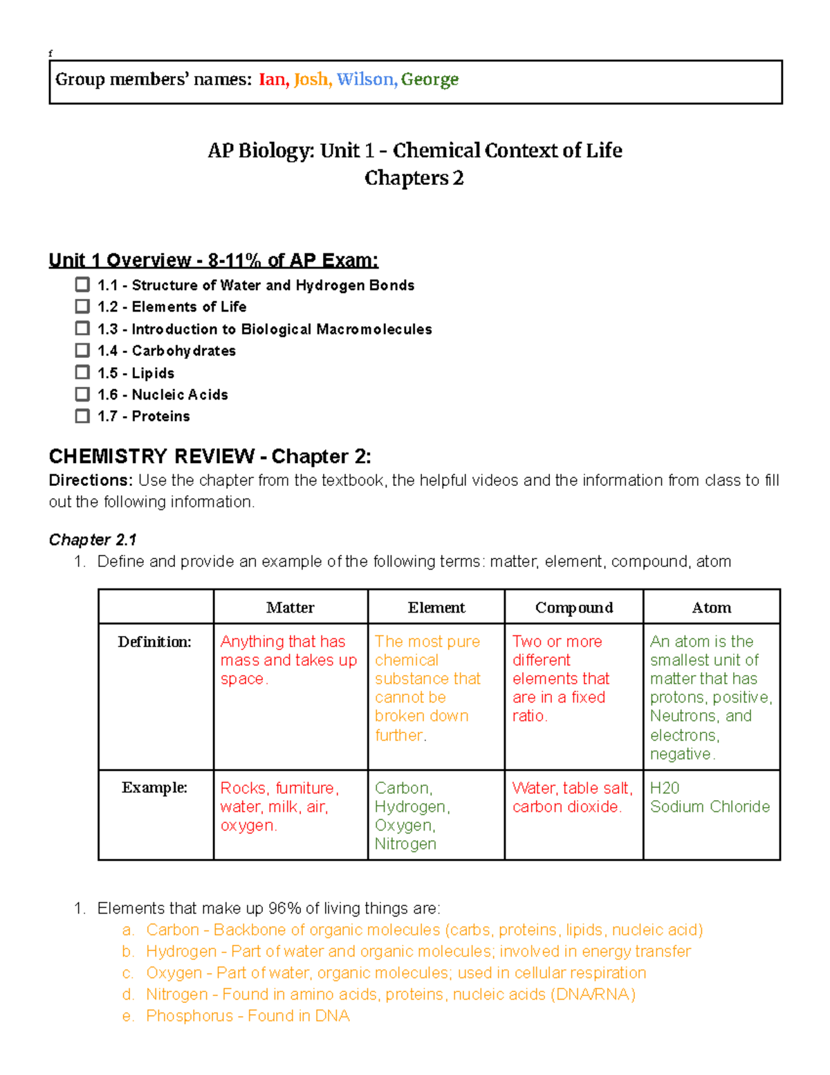 AP Biology: CH 2 Reading Guide on Chemical Context of Life - Studocu