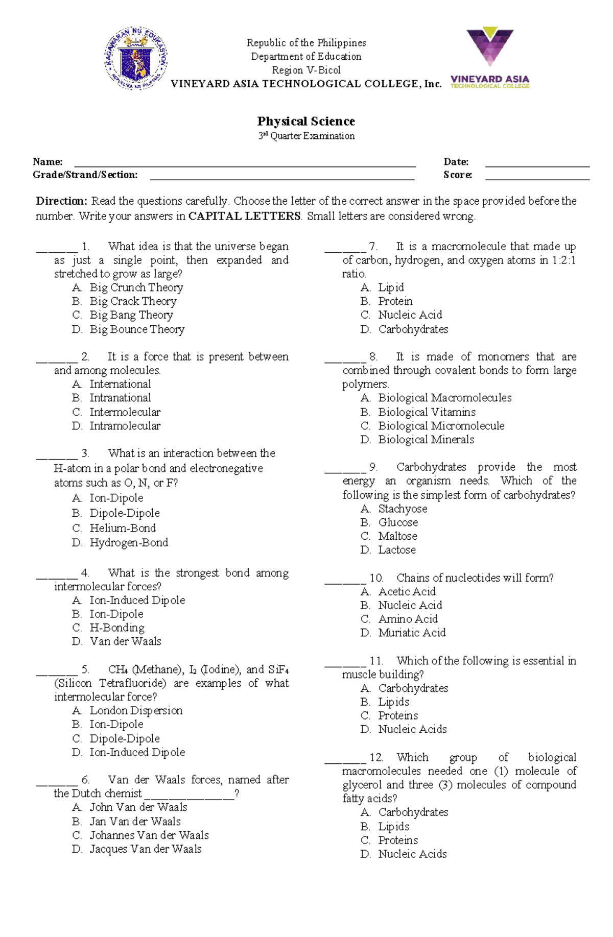Physical Science 3rd Quarter Exam - TEST Paper (Physci Q3) - Studocu