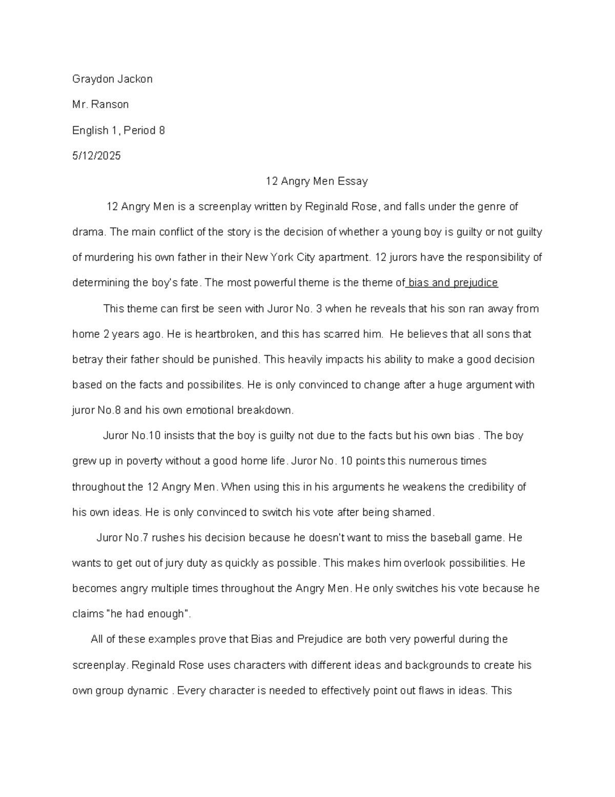 English 1, Period 8: 12 Angry Men Essay Analysis - Studocu