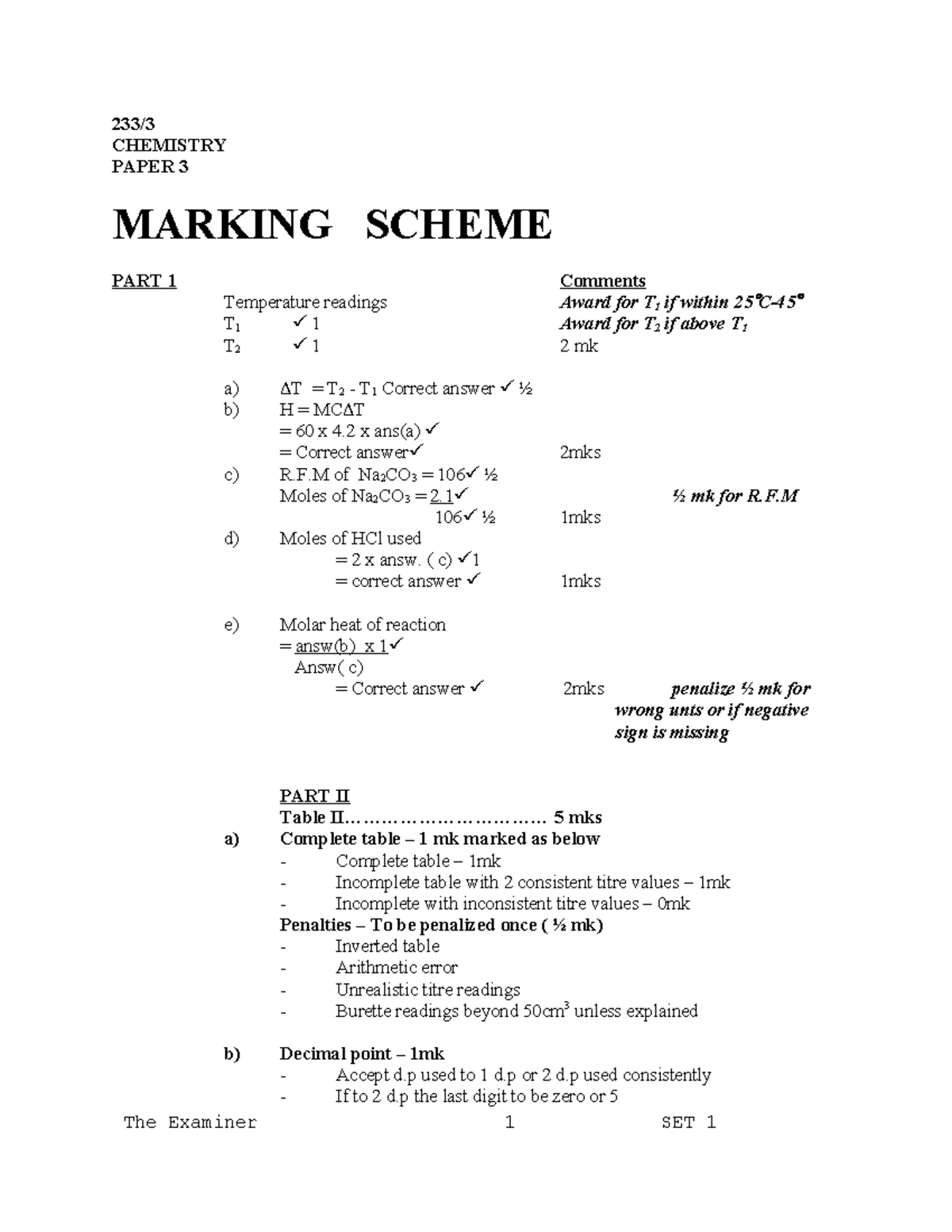 CHEM P3 MARKING SCHEME SET 3: Temperature Readings & Calculations - Studocu