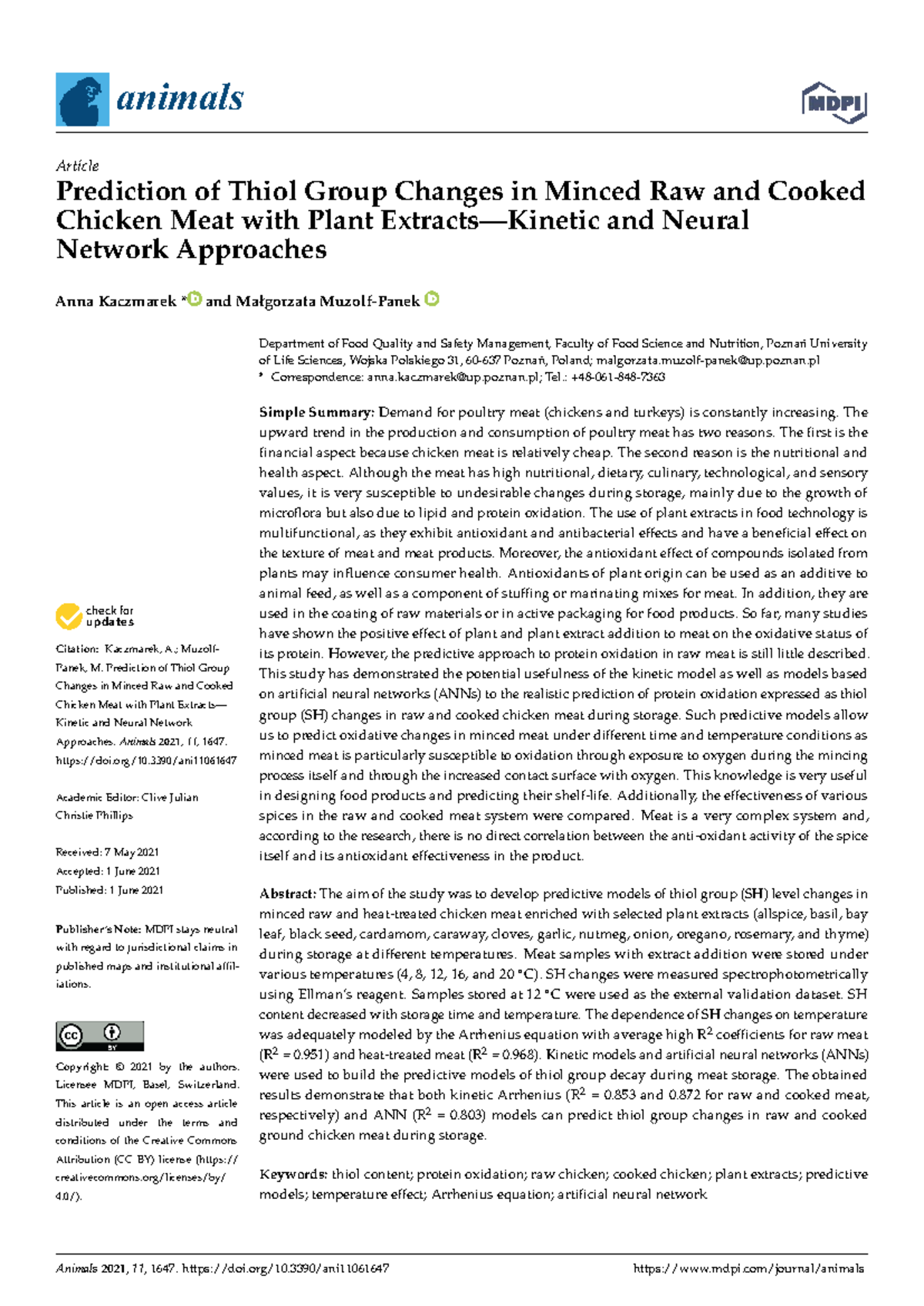 Prediction of Thiol Group Changes in Minced Chicken Meat: Kinetic & ANN ...